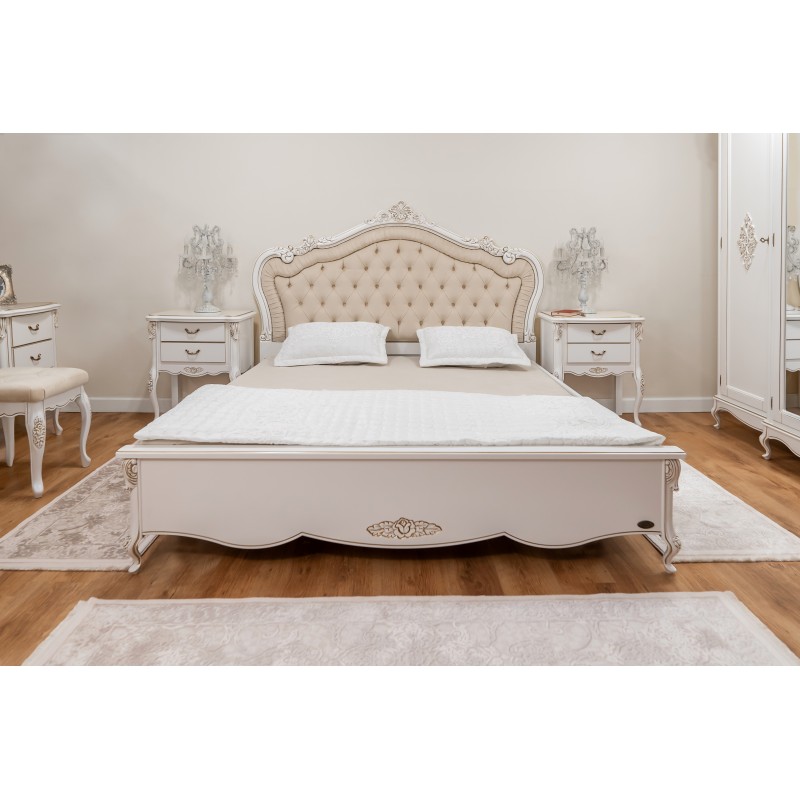 Set DORMITOR ISABELLA LUX ,Vopsit ALB, Patina GOLD, Tapiterie BEJ sau GRI